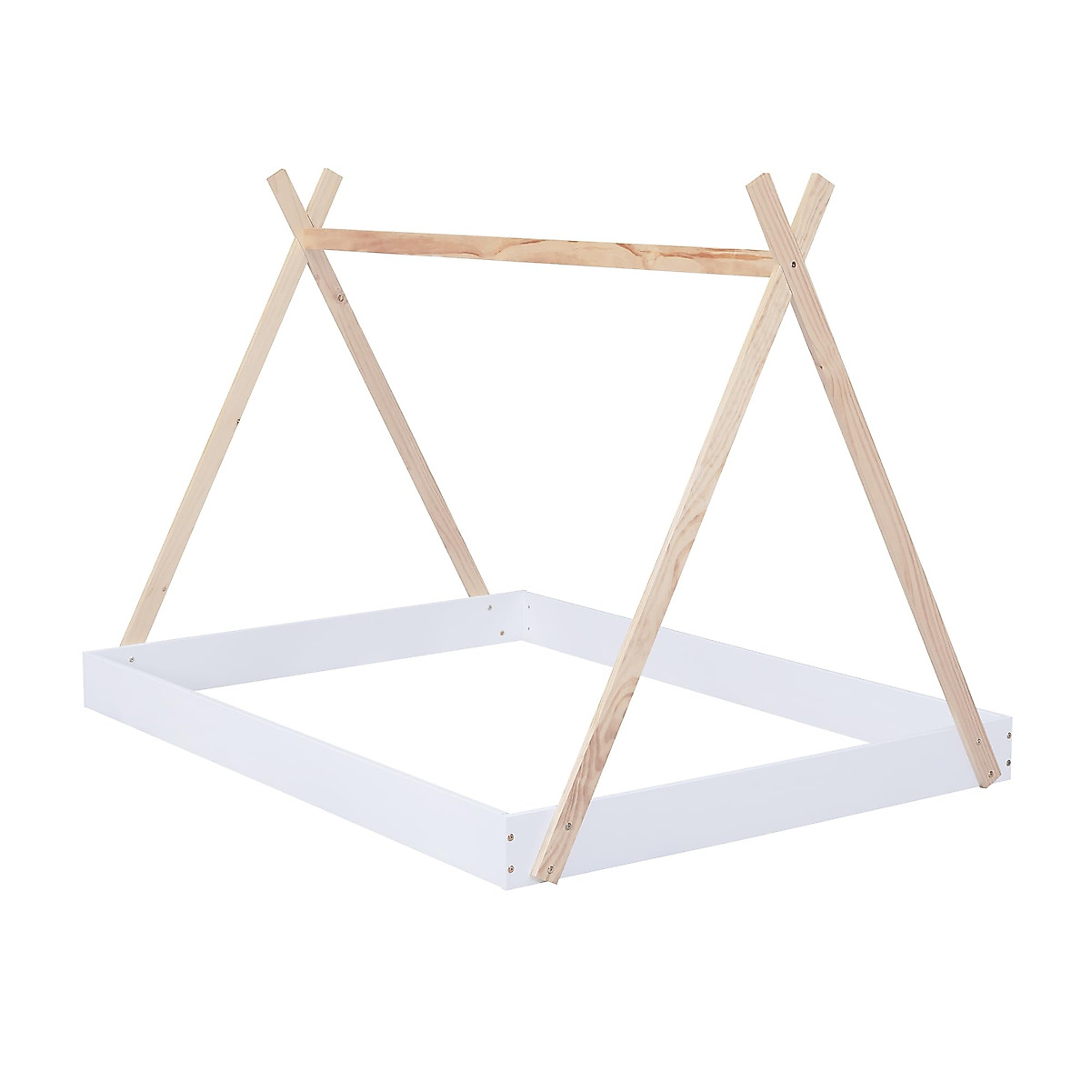 RORIGAT Full Size Tent Floor Bed with Triangle Structure,Wood Bed Frame for Girls and Boys,White+Natural