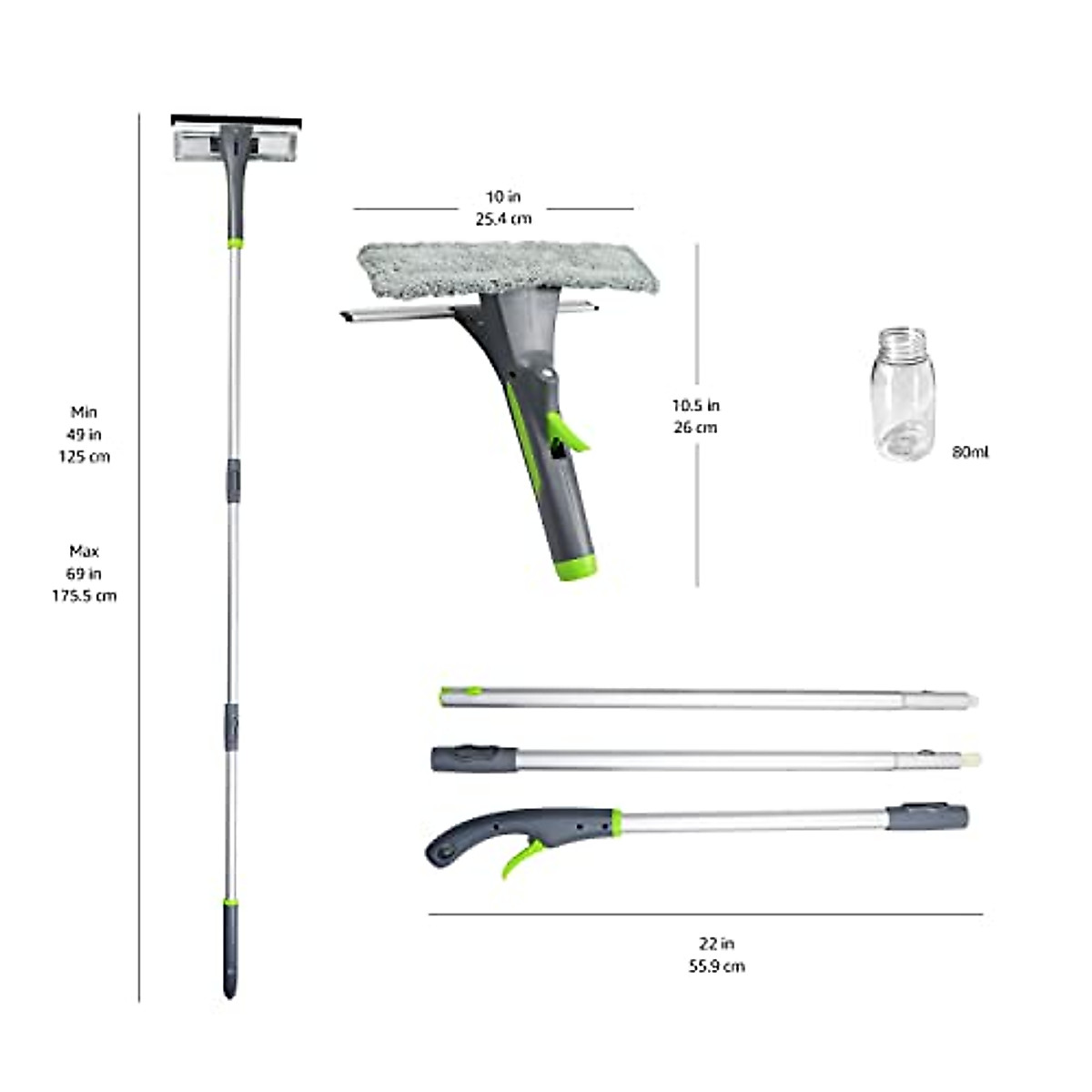 Amazon Basics Extendable Window Squeegee with Spray, Aluminum Extension Pole, 49 to 69 Inch