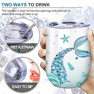 NymphFable 12oz Mermaid Gifts for Girls Wine Tumbler with Straw and Lid Stainless Steel Wine Glass Insulated Double Wall