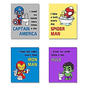 paintlig Superhero Wall Decor - Unframed Boy's Bathroom Decor, 8X10 inch Motivational Wall Decor, Set of 4 Marvel Wall Decor Art Prints for Kids Bathroom