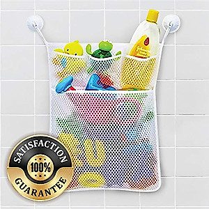 Eutuxia Bath Toy Organizer, Quick Dry Hanging Mesh Net Bathtub Storage with 4 Pockets & 4 Adhesive Hooks for Kids Toys and Bathroom Essentials. Shower Caddy for Decor, Fun, Educational, 19.76" x 14"