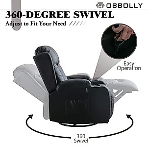 OBBOLLY Swivel Rocker Recliner Chair with Massage, Manual Glider Rocking Recliner Chair, Wingback Design 360?Swivel Chair with Lumbar Pillow, Cup Holders for Living Room (Single, Black-pu)