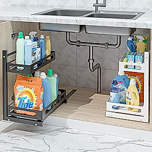 NETEL Under Sink Organizer,Pull Out Sliding Cabinet Basket Organizer 2 Tier Under Bathroom Storage Rack, Multi-Use for, Height Adjustable, With PP Frosted Pad, With strong double-sided adhesive, White