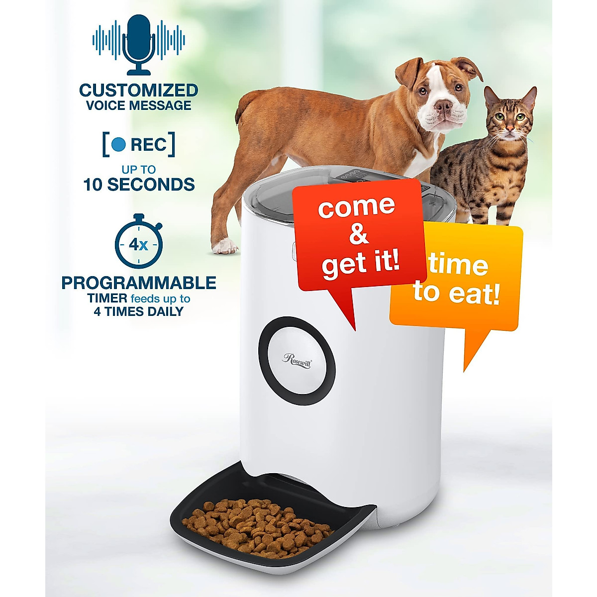 Rosewill Automatic Pet Feeder Food Dispenser for Cat or Dog, Up to 6.5 lbs of Dry Food with Alarm, Portion Control & Voice Recorder, Programmable, USB & Battery Powered, White - (RPPF-21001)