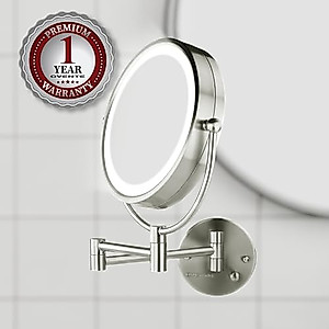 OVENTE 9" Lighted Wall Mount Makeup Mirror with 1X/7X Magnification, Double Sided Magnifying Vanity Mirror, LED Glow Light, 360° Swivel Design, Extendable & Folding Arm, Nickel Brushed MPWD3185BR1X7X