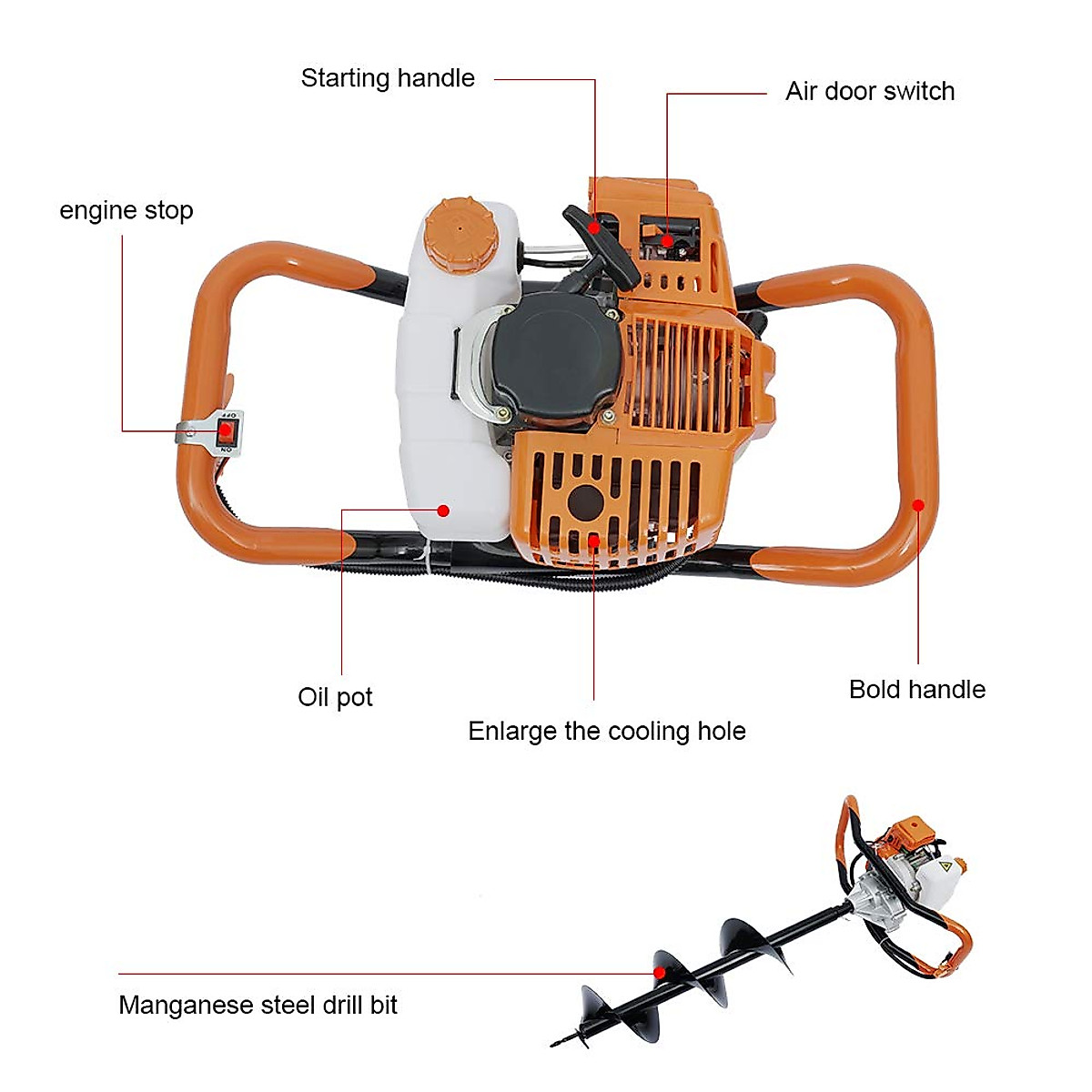 52cc Post Earth Auger Hole Digger Posthole Fence Borer Petrol Drill 8 Post Hole Digger Gas Powered Fence Ground Drill+4"/6"/8" Bit