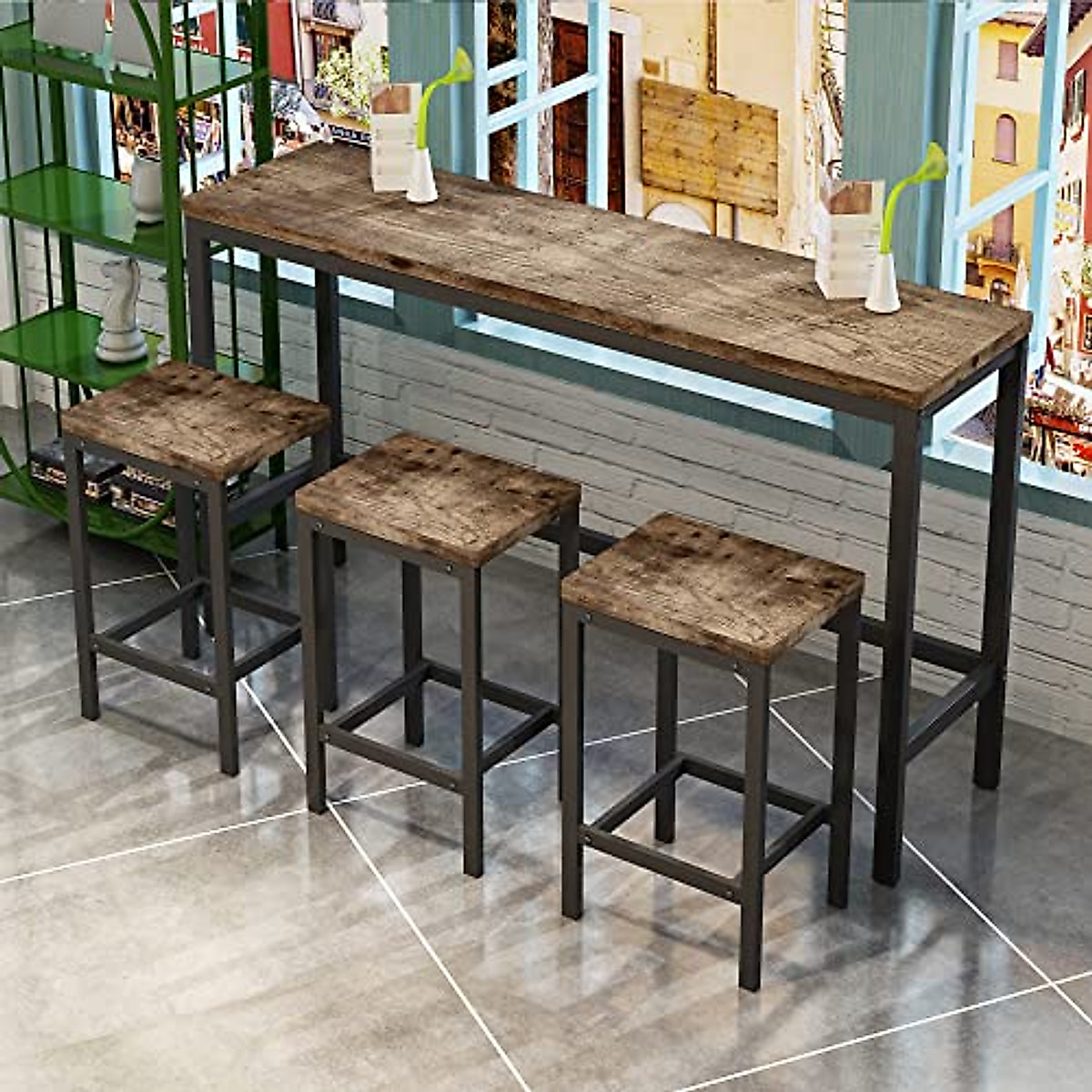 60'' Counter Height Bar Table Set, 3 Piece Narrow Dining Table Set, Long Pub Table with 3 Stools for Kitchen, Living Room, Bar, Cafe, Small Space (Natural)