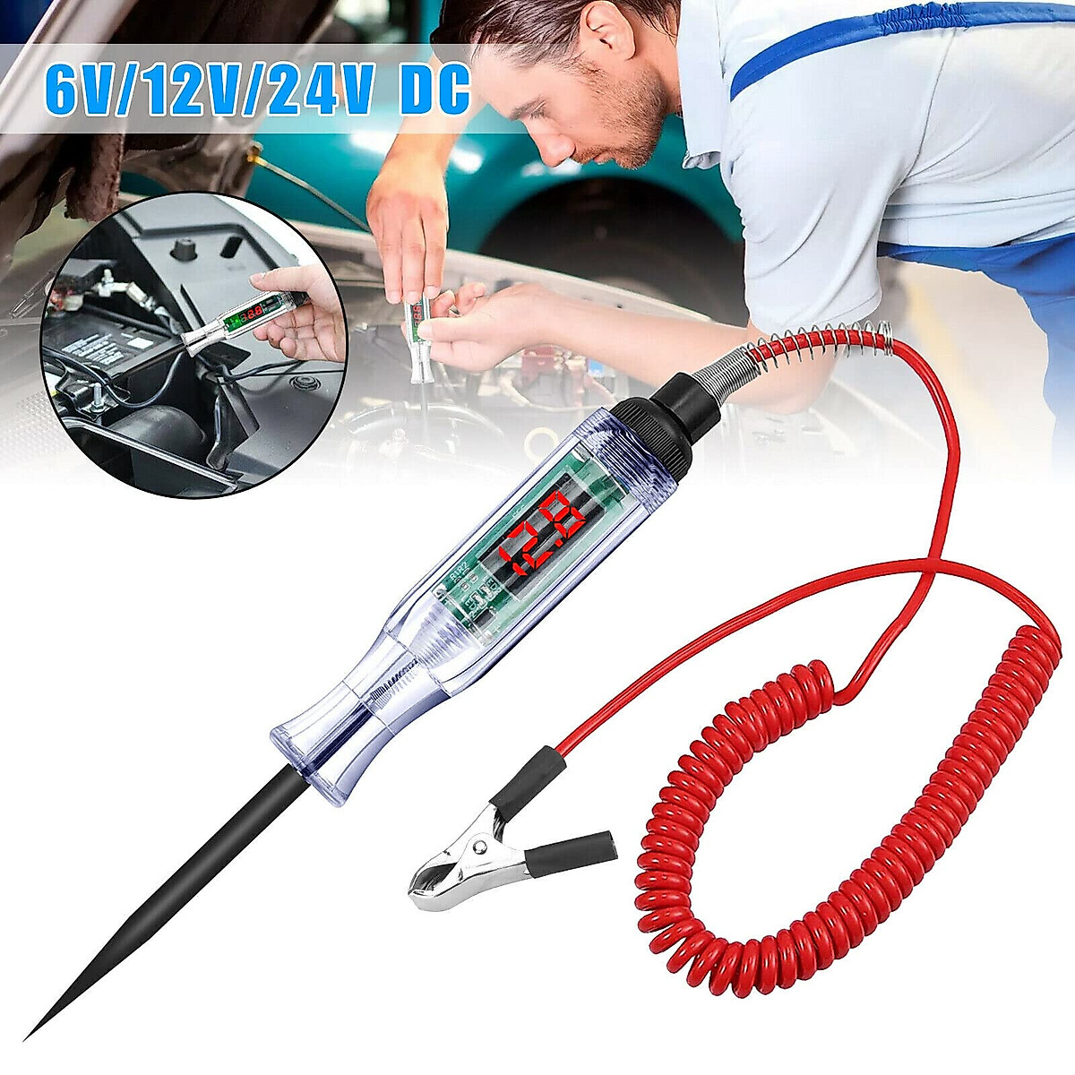 Car Truck Circuit Test Pen, 3-70V Digital Electric Circuit LCD Tester Test Light Car Truck Voltage Probe Pen, DC Voltage Test Light with Voltmeter & Portable Spring Wire (Black - (3-24V))