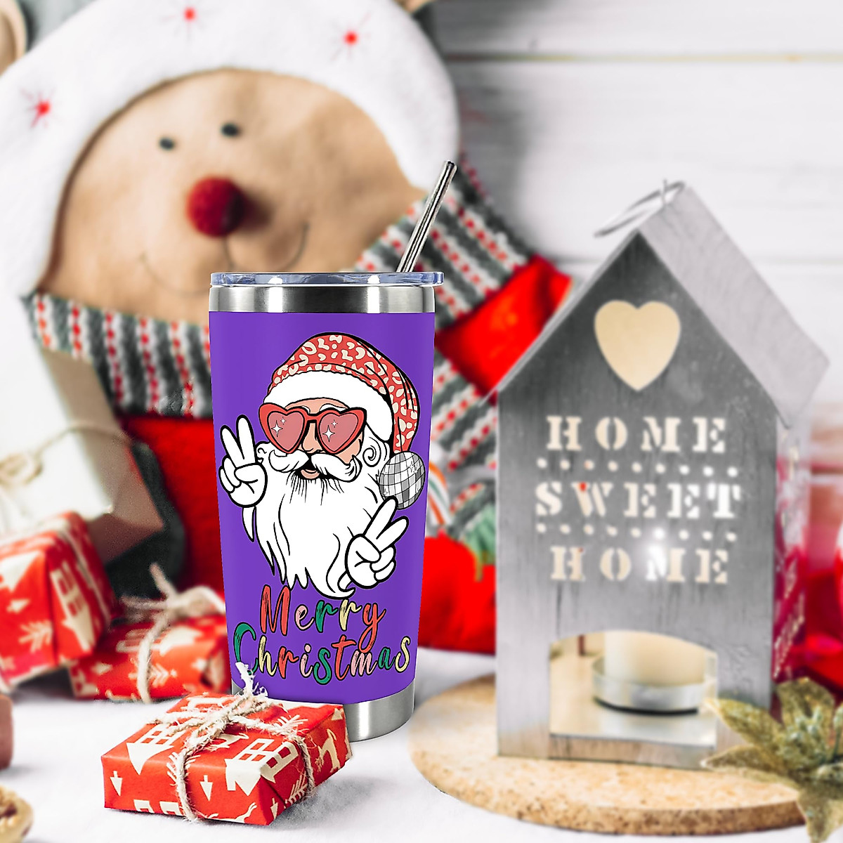 Paoren 12 Pcs 20 oz Christmas Tumblers Set, Christmas Tumbler Travel Coffee Cups Mugs Bulk Stainless Steel Vacuum Insulated Tumbler Gifts for Xmas Holiday Birthday New Year, Purple