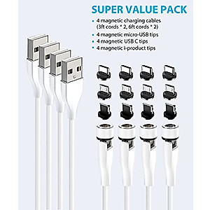 Terasako Magnetic Fast Charging Cable 4-Pack [3ft/3ft/6ft/6ft], 3A Phone Charger Cable with Data Transfer and LED Light, 360°& 180° Rotating Cords Compatible with Micro USB, USB C and iProduct