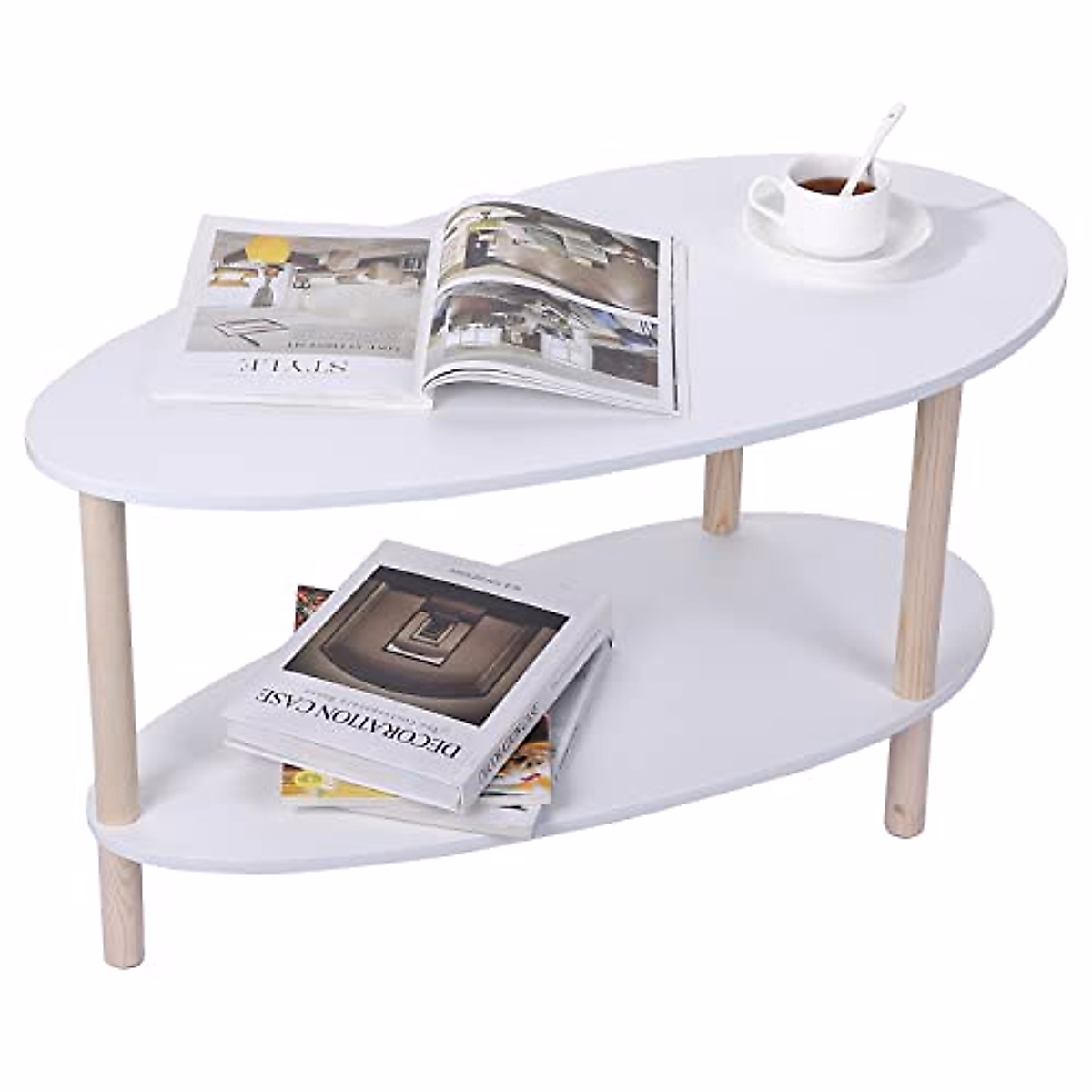 Oval Coffee Table, Small Wood Coffee Table for Living Room, Mid Century Modern Coffee Table for Home Office, 2-Tier Sofa Table, White, 15.7'' D x 31.5" W x 17.2" H