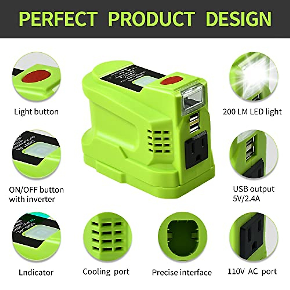 Portable Power Inverter for Ryobi 18V Battery 200LM LED Flashlight 150W Inverters Generator Power Source for 18V 2 USB AC Output, DC 18V to AC 110~120V（Tool ONLY） Green