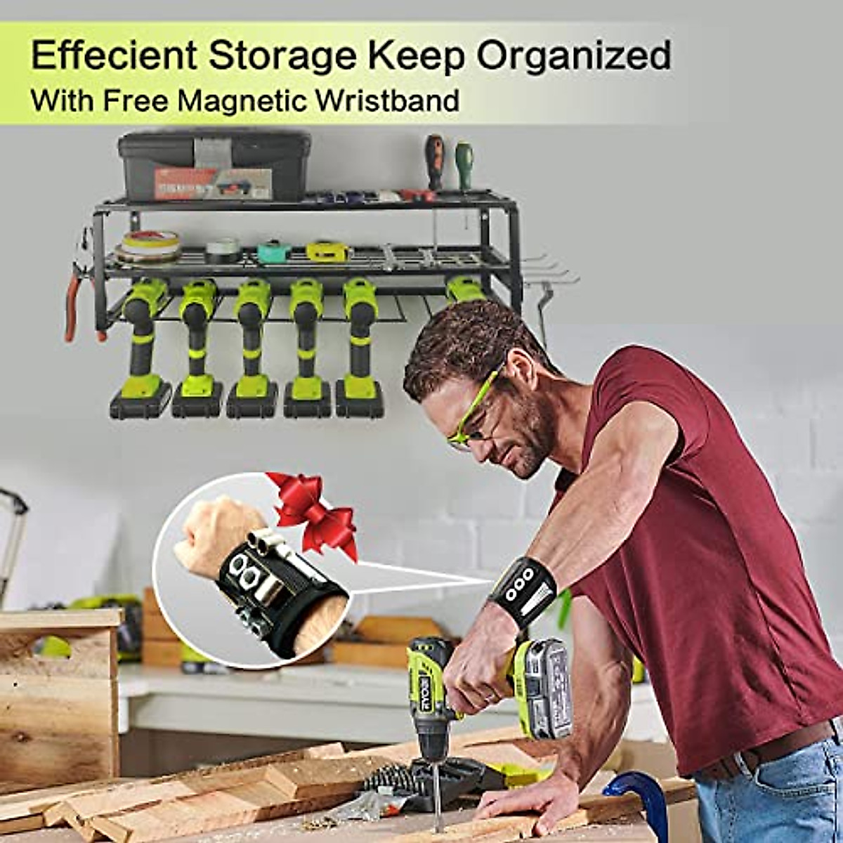 DYRSDPZD Power Tool Organizer-7 Drill Holde Wall Mount,Power Tool Storage Rack for Cordless Drill Charging Station Screwdriver,Drill Rack Garage Organization,with Free Magnetic Wristband