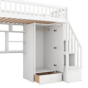 Quarte Multifunctional Wooden Twin Size Loft Bed with Built-in Desk,Bookshelf and Wardrobe,Drawers and Storage Stairs,for Kids Boys Girls Teens Adults Bedroom (White@r)