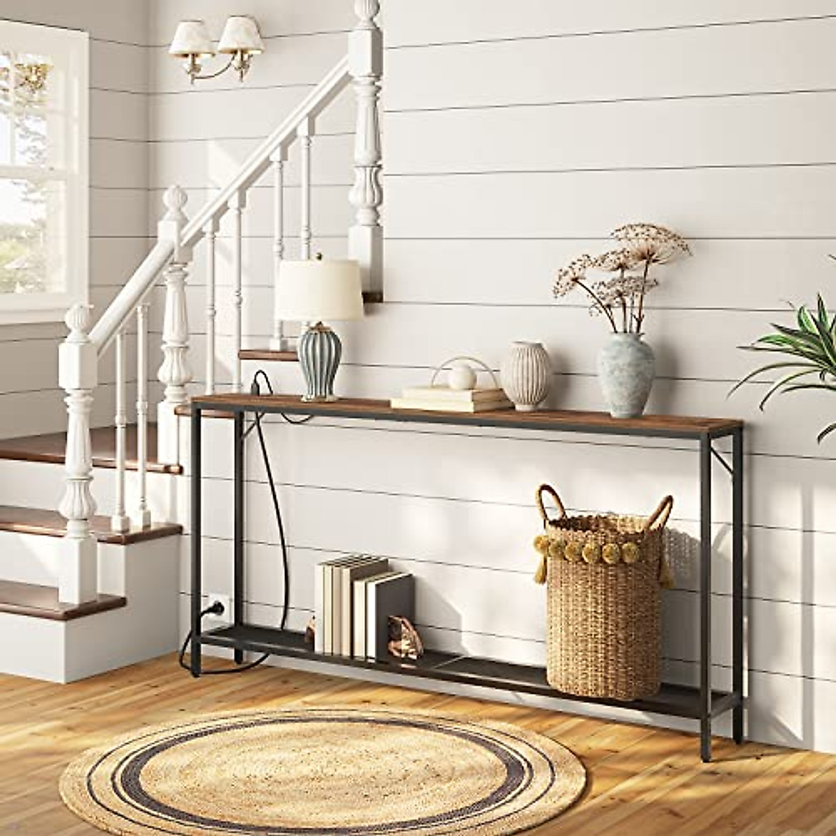 ALLOSWELL 63” Sofa Table with Power Outlets, 2-Tier Console Table with Charging Station, Couch Table, Narrow Long Behind Sofa Table, for Living Room, Entryway, Foyer, Rustic Brown and Black CTHR22E01