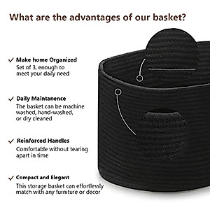 CASAVIDA Woven Baskets for Storage Set of 3, Cotton Rope Basket Storage Baskets for Organizing with Handles, Closet Soft Storage Baskets for Shelf Nursery Baby Laundry Bedroom Living Room