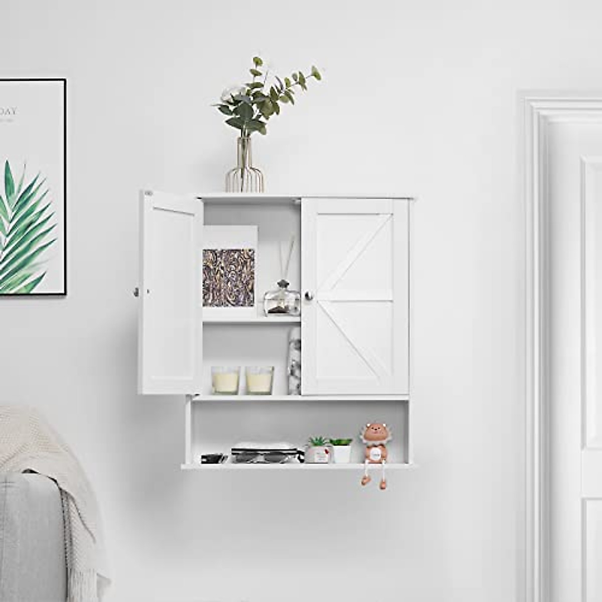Reettic Two Door Wall Cabinet, Wooden Medicine Cabinet, Wall Mounted Bathroom Storage Cabinet with Inner Adjustable Shelf, for Bathroom, Kitchen, Entryway, White BMGZ103W