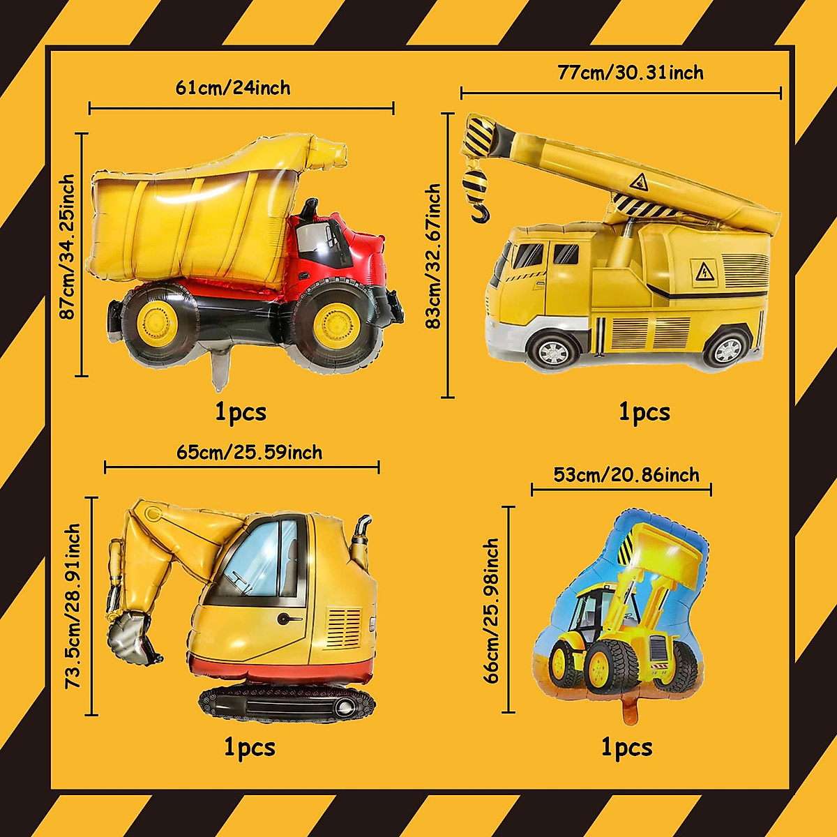 Construction Birthday Party Supplies 2 year Old, 9Pcs Construction Balloons Set with Gold Number 2 Balloons, Large Construction Truck Mylar Foil Balloons Set for Boys 2nd Birthday Party Supplies Decor