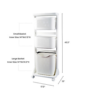 3-Portable Basket Rolling Cart with Top Shelf | Rolling Laundry Cart | Storage Organizer, White