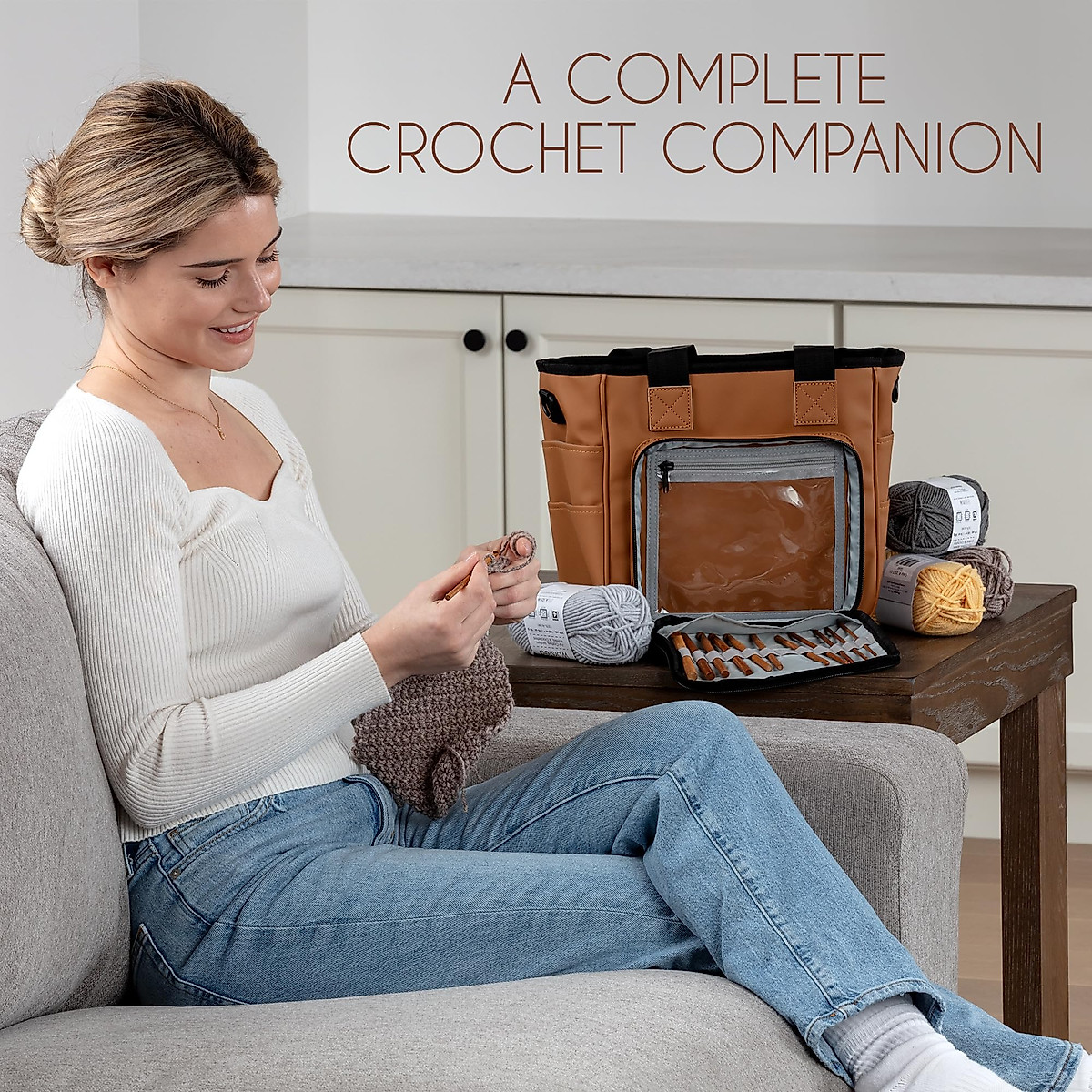 Leather Crochet Bag Backpack - Travel Knitting Bag Project Organizer Totes has Detachable Strap, 12 Wooden Hooks, 12 Skeins of 25g Yarn Storage Pocket & Grommets for Crocheting On the Go