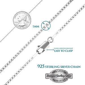 925 Sterling Silver 1MM Box Chain - Nickel Free Italian Necklace for Women Rhodium Plated - Lobster Claw 24 inch
