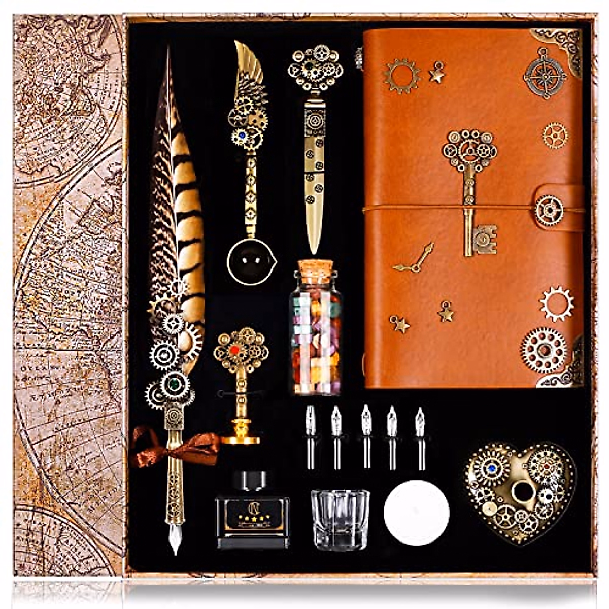 NC Feather Pen Ink Set, Includes Quill Pen,Notebook,5 Replaceable Nibs,Stamp,Spoon,Wax Beads,White Wax, Ink,Pen Holder, Cup,Envelope,Letter Paper, Etc.Gift Selection Calligraphy Pen Set.