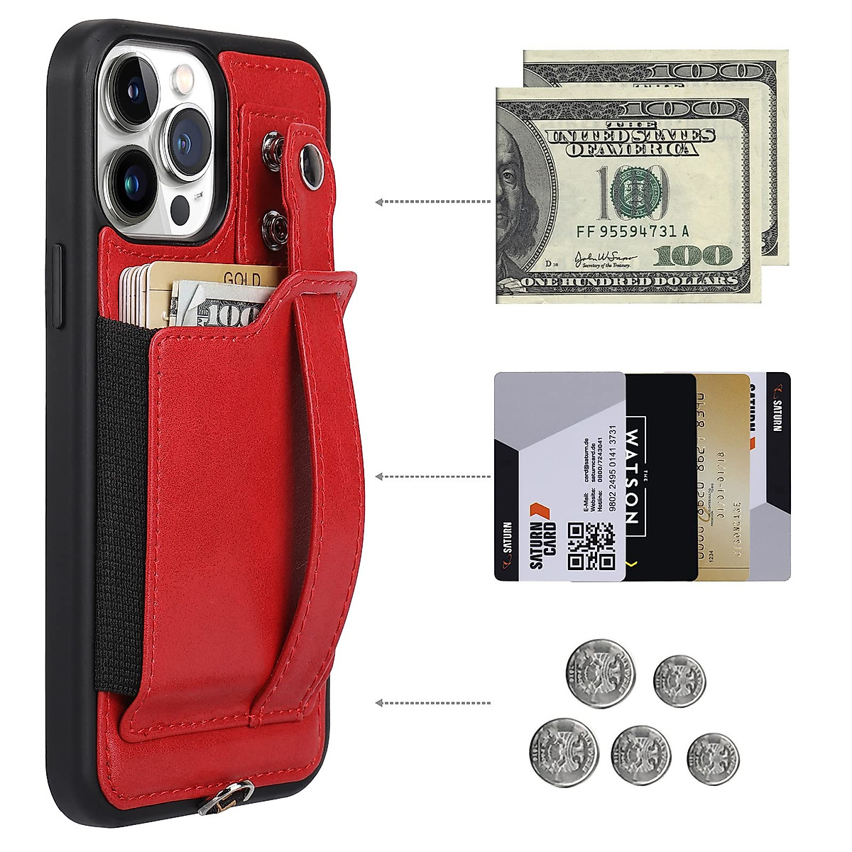 TOOVREN iPhone 13 Pro Max Case Wallet, Compatible with iPhone 13 Pro Max Case with Card Holder Kickstand Adjustable Detachable Necklace, iPhone Lanyard for iPhone 13 Pro Max 6.7 inch 2021 Red