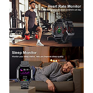 LIGE Military Smart Watch for Men Bluetooth Call(Answer/Make Call), 1.85'' HD Tactical Smartwatch with Heart Rate/Sleep/SpO2 Monitor, IP67 Waterproof Fitness Tracker for Android iOS Stainless Steel