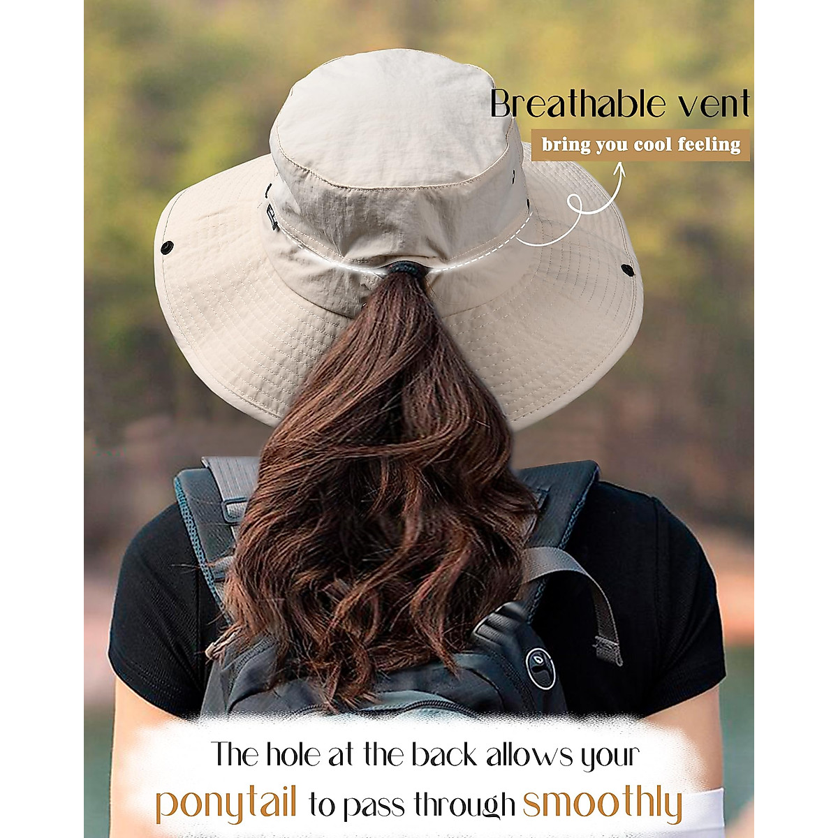 FURTALK Sun Hats for Women Ponytail UV Protection Summer Hat Wide Brim Packable UPF50 Cowboy Hat Hiking Fishing Hats Beige