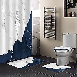Sabolny Marble Navy Blue 4Pcs Bath Set Home Decor, Bathroom Waterproof Shower Curtain with Hook, Large Runner Rugs, Toilet Lid Cover and U-Shaped Bath Mat, 66"x72" Aesthetic White Gray Modern Silver