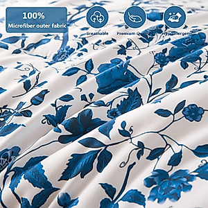 LLDSYW King Size Comforter Set - 7 Pieces Bed in a Bag Soft Microfiber Bedding Comforter Set Leaves Floral Pattern on White Comforter Sets with Sheets for All Seasons (King, Blue)