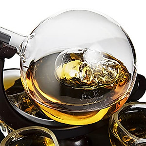 Skull King Skeleton Wine & Whiskey Globe Decanter Set 850 mL With 4 Skull Head 3oz Skeletons Shot Glasses + Mahogany Wooden Base Decor Glass, Goth Spooky Drinking Glassware The Wine Savant