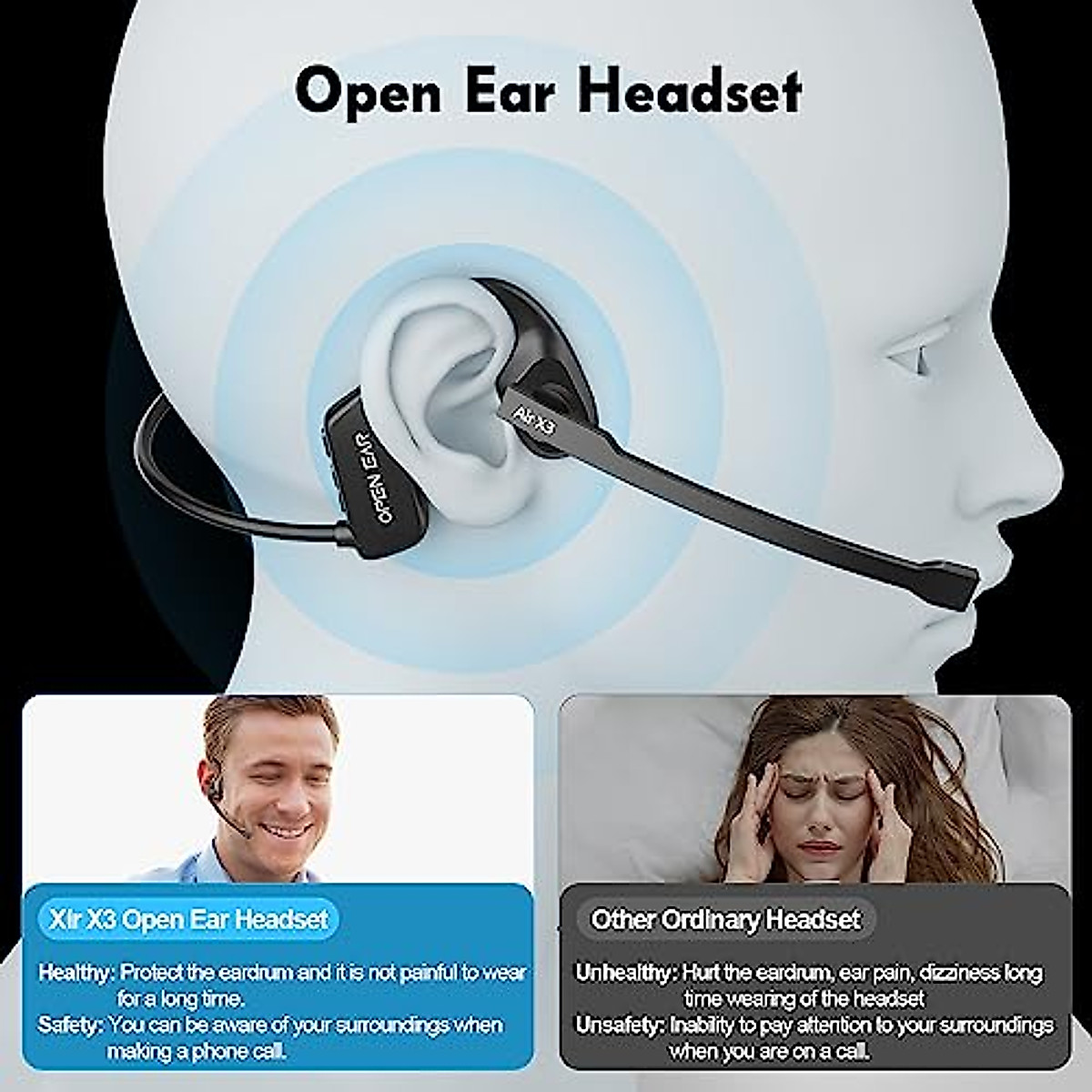 Aimopt Open Ear Headphones, Air Conduction Bluetooth Headset, Wireless Headphones with Noise-Canceling Microphone, Headset with Mic for Laptop Work, Study, Running and Driving