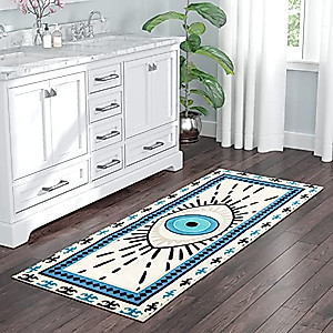 HAOCOO Evil Eye Runner Rug 2’x 5’ Non-Slip Washable Kitchen Area Rug Boho Chic Distressed Tribal Decorative Soft Velvet Creative Floor Carpet Bath Rug for Bedroom Living Room Entryway Hallway