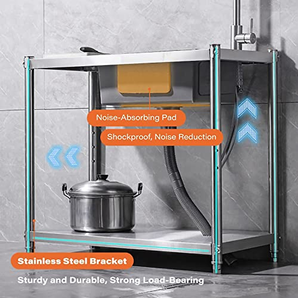 Stainless Steel Kitchen Sink Freestanding Outdoor Sinks Commercial Restaurant Sink Set w/Faucet & Workbench & Storage Shelves Industrial Sink Single Bowl for Patio Garden Garage 35.5×31.5×16.5"