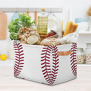 Baseball Storage Bin Basket,Sport Softball Large Toys Storage Cube Box with Handles, Collapsible Laundry Basket Rectangular Waterproof Storage Organizer Bin for Nursery Bedroom Shelves Gift Basket