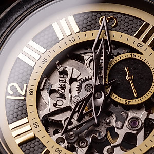 HOLZKERN Navona Men’s Watch, 43mm Gold/Gray Skeleton Dial, Brushed Stainless Steel Strap, Vintage Watch for Men