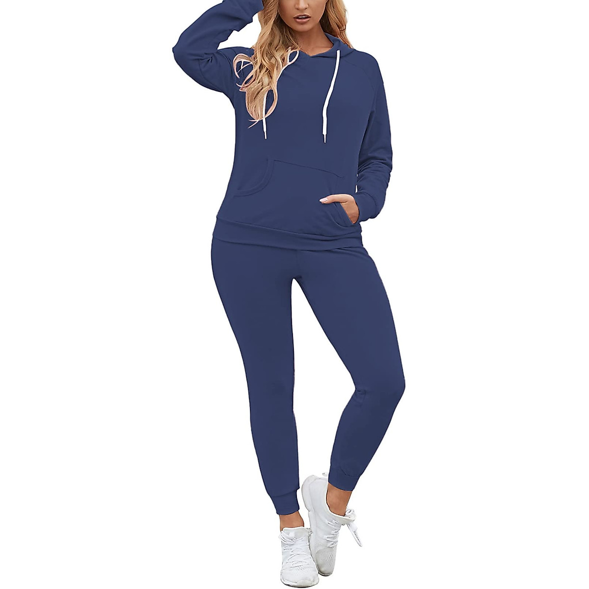 Fixmatti Hoodie Sweat Suit Women Clothing Long Sleeve Sweatpants Sport Jogger Set Navy Blue M