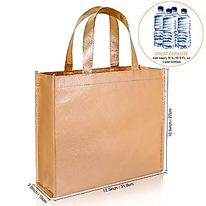 PHOGARY 12 Large Gift Bags with Handles, Stylish Tote Bags for Birthday Wedding Party Favor Christmas Present Wrap, Reusable Glossy Grocery Bags, non-woven fabric (Rose Gold)
