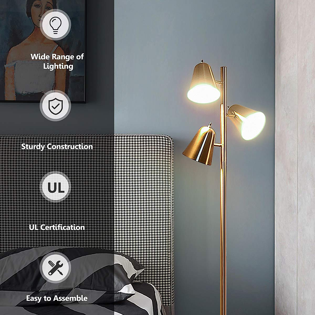 Tangkula 3-Light Floor Lamp, 64” Mid Century Modern Standing Tall Pole Lamp with 3 LED Bulbs and Adjustable Heads, Reading Light for Living Room Bedroom, 360 Lighting (Antique Brass)