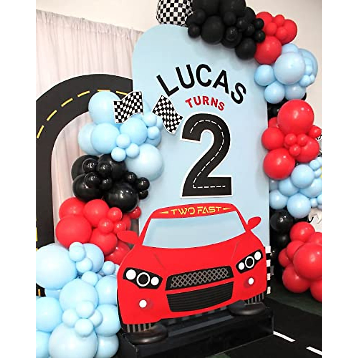 Race Car Balloons Arch Garland Kit 148PCS Red Blue Black Checkered Flag Foil Balloon Racing Car Theme Two Fast 2nd Birthday Party Supplies for Boys