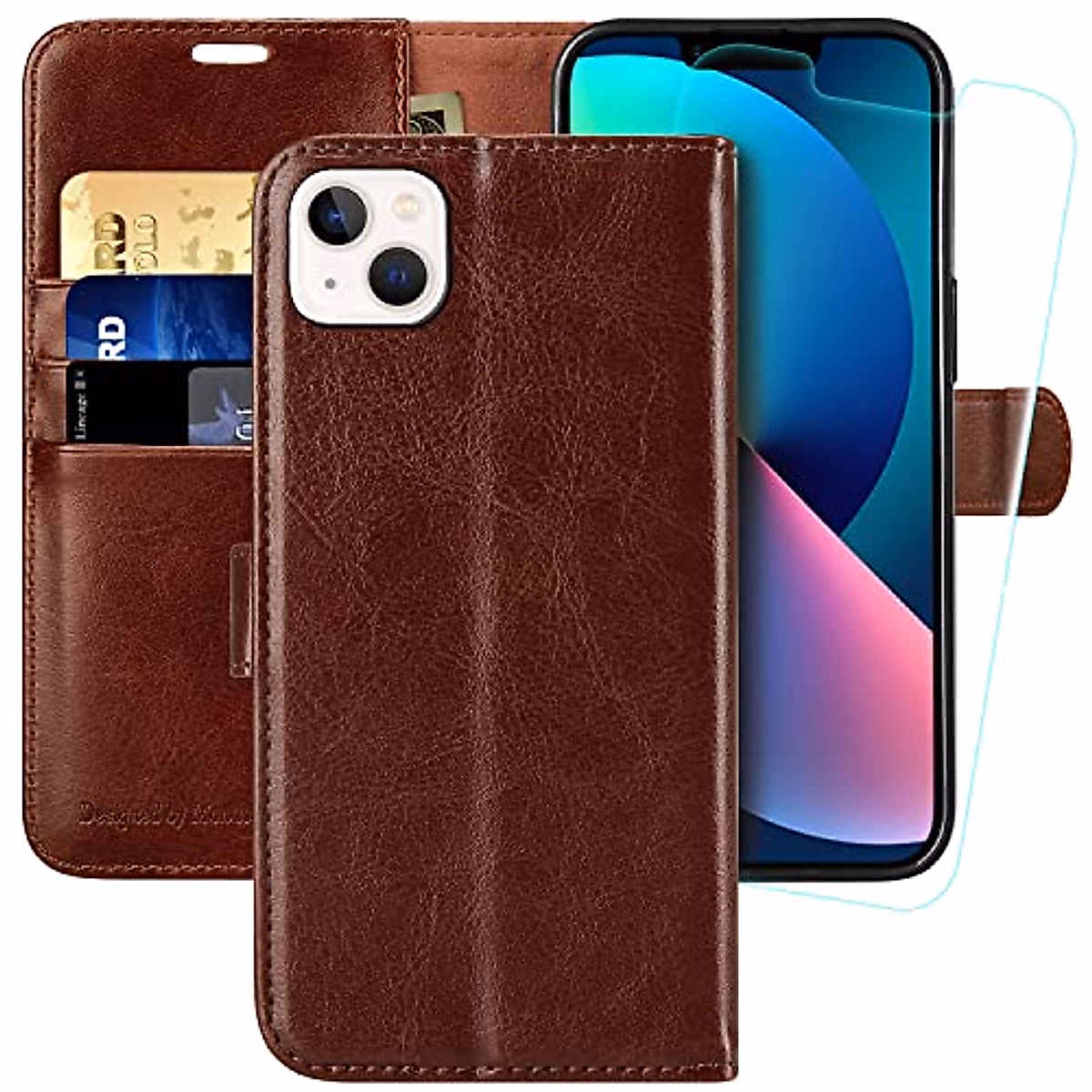 MONASAY iPhone 13 Mini Wallet Case, [Glass Screen Protector Included] [RFID Blocking] Flip Folio Leather Cell Phone Cover with Credit Card Holder for Apple 13 Mini, 5.4-inch Brown