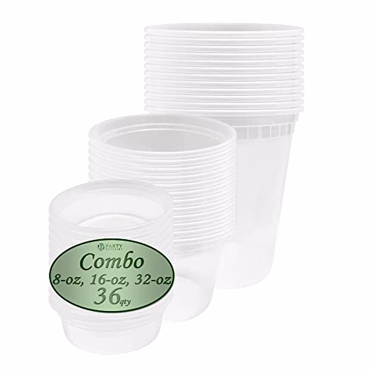 PARTY BARGAINS [36 Pack Food Containers with Lids - 8oz, 16oz, and 32oz Size Bundle, 12 Pcs Each - Deli Containers for Food, Temperature Resilient, Leak Proof & Reusable
