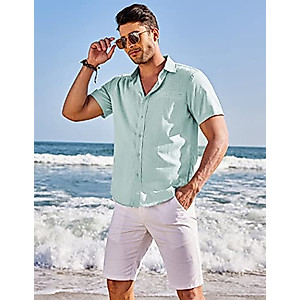 COOFANDY Men's Short Sleeve Linen Shirts Casual Button Down Shirt Summer Beach Tops Green