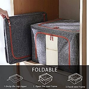 OJIMO Foldable Clothes Storage Bins 2 Pack,Stackable Metal Frame Storage Box w/Reinforced Handle, Stackable Thick Linen Fabric Closet Organizer Set with Clear Windows, Sturdy Zippers(15.4x11.4x7.9in)