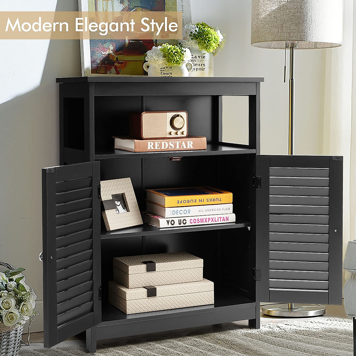 COSTWAY Bathroom Storage Cabinet, Wooden Side Storage Organizer with Louver Doors & Removable Shelf, Freestanding Floor Cabinet for Living Room, Kitchen, Entryway (Black)