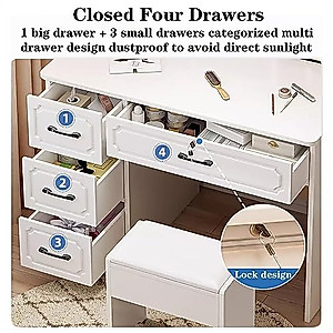 Vanity Set with Lights and Stool Makeup Vanity Desk with Mirror Dressing Table with Four Drawers Raise the Fence to Prevent Falling Exquisite Handle Smooth Pulling Three Level Brightness Adjustment (