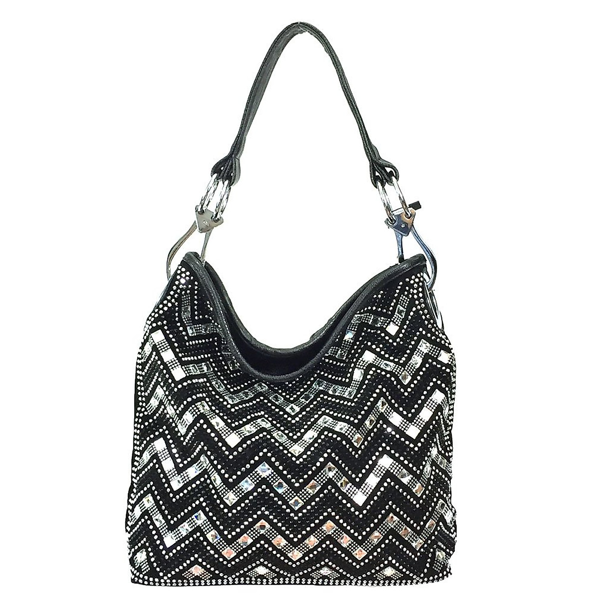 Zzfab Women Sparkle Gem Chevron Large Rhinestone Hobo Bag with Shoulder Strap Black