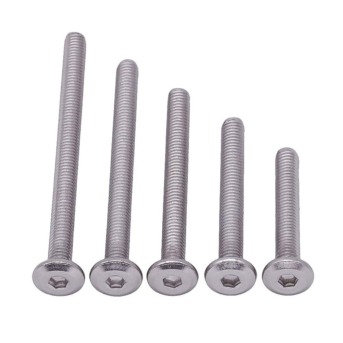 M6 x 50mm, 55mm, 60mm, 65mm, 70mm Stainless Steel Furniture Bolts Flat Socket Head Cap Screws Assortment 25 PCS, 304 Stainless Steel 18-8, Full Thread, Bright Finish