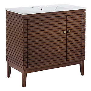 Modway Ledger Wood Bathroom Vanity Cabinet, 36 Inch, Walnut White